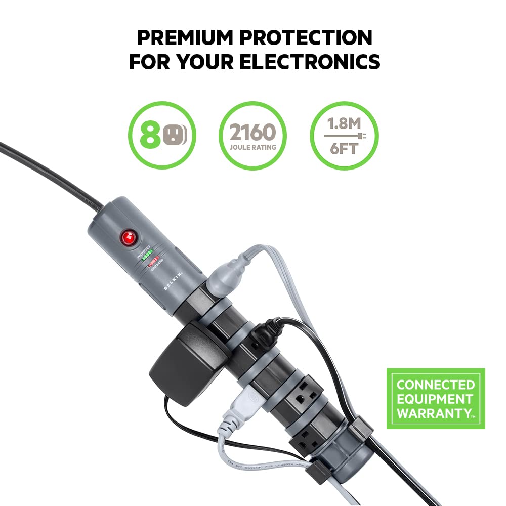 Belkin Surge Power Strip Protector - 8 Rotating & 4 Stationary AC Multiple Outlets - 8 ft Long & Power Strip Surge Protector with 8 Rotating AC Outlets - 6 ft Long Flat Pivot Plug - (2,160 Joules)
