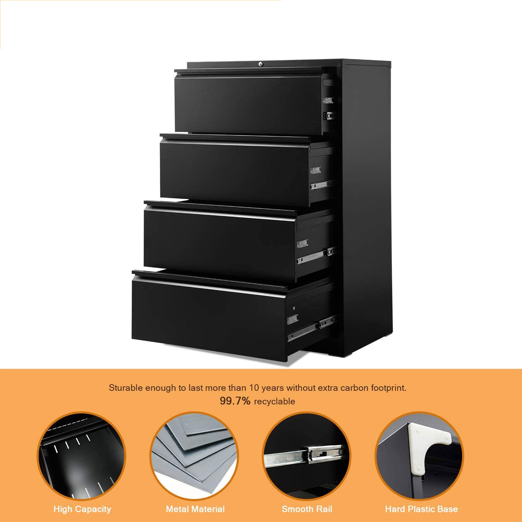Aobabo 4 Drawer Lateral File Cabinet,Office Filing Cabinet with Lock,Metal Files Cabinet for Office,52'' Office File Cabinets with 4 Drawers,Black,Assembly Required