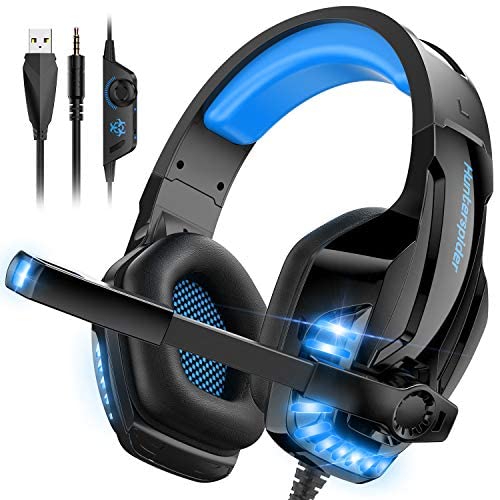 B-Qtech Gaming Headset with Microphone, Over Ear Wired Headphones for PS4, PS5, PC, Xbox One, Controller, LED Light Bass Surround Noise Cancelling Earmuffs for Laptop Mac Nintendo Switch Game Blue