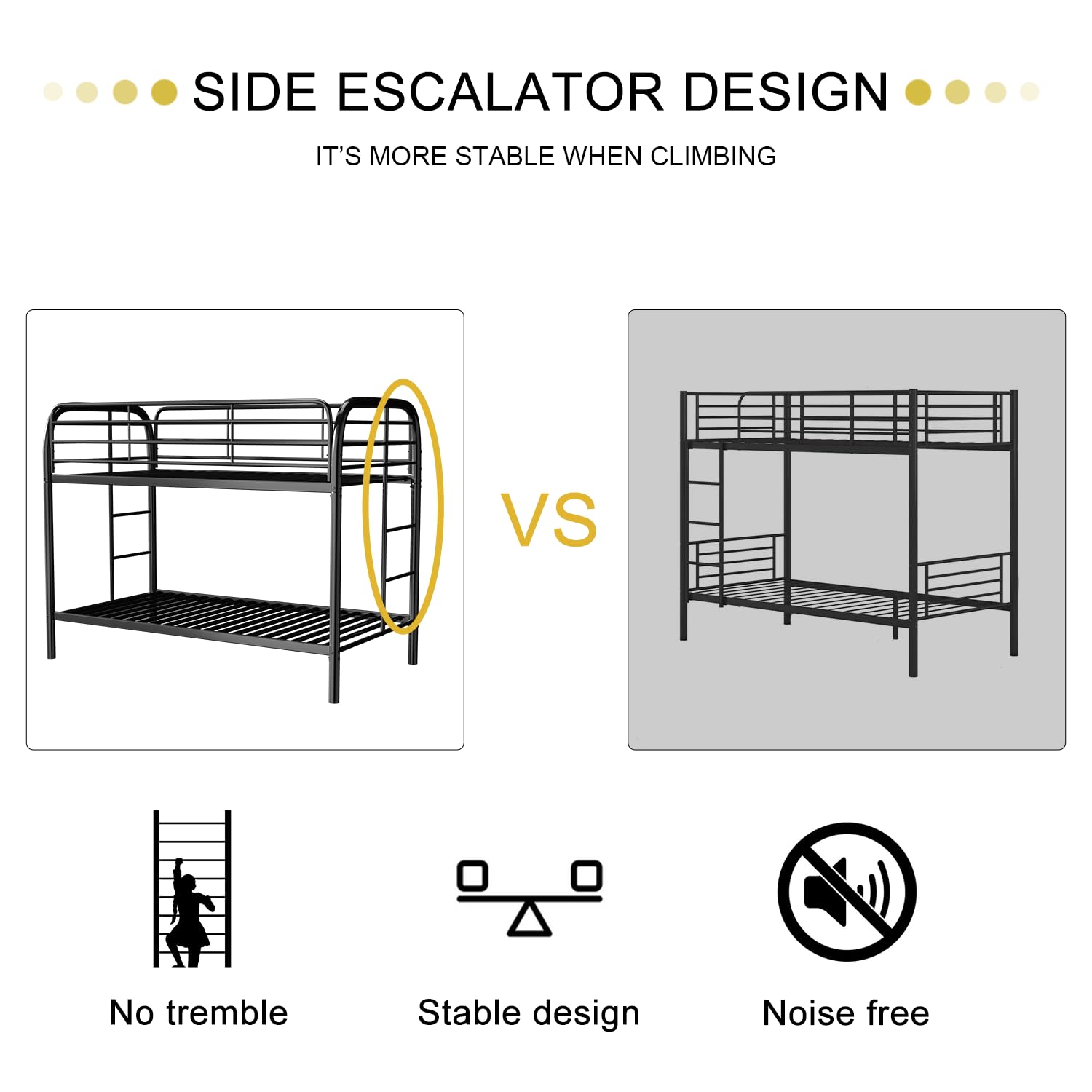 JAORD Twin-Over-Twin Bunk Beds, Full Over Twin Bunk Bed, Metal Twin Bunk Bed Frame, Full-Length Industrial Safety Rail Bunk Bed Frame with Ladder, Noiselessly, Assembly Required(Black)