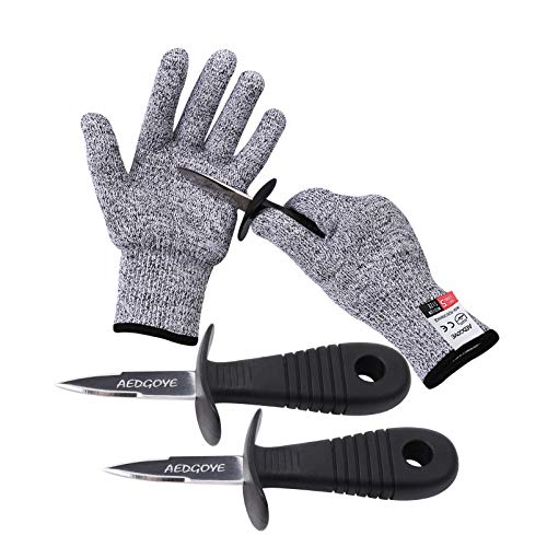 Oyster Shucking Knife -High Performance Level 5 Protection Food Grade Cut Resistant Gloves Stainless Steel Clam Shellfish Seafood Opener (1 pair gloves + 2 knives)(S)