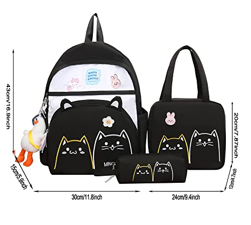 DAHUOJI 3PCS Kawaii Backpack Set 17in Cat Embroidery Backpacks Aesthetic School Bag Cute Bookbag with Lunch Bag,Pencil Box,Duck Pendant & Badge,Black