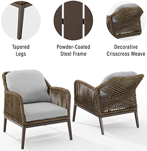 Crosley Furniture Haven 2-Piece Outdoor Chair Set, Wicker Patio Chairs for Conversation, Porch, Deck, Light Brown with Light Gray Cushions