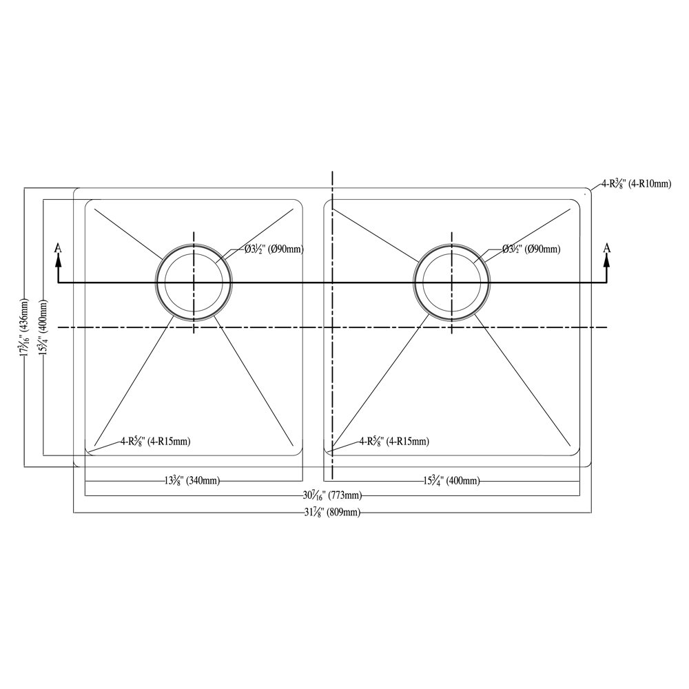 Dawn SRU301616L Undermount Small Corner Radius Double Bowl Sink, Polished Satin