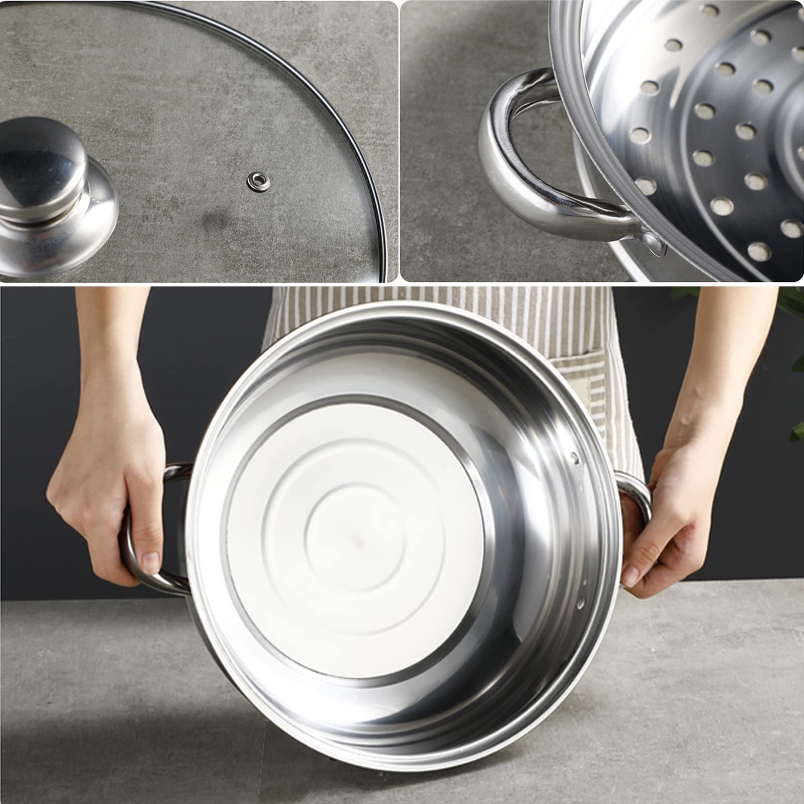 4 Piece Stainless Steel Steamer Pot Set with Glass Lid and handle,for Steamer Cooking,Casserole,Saucepan (4 layer)