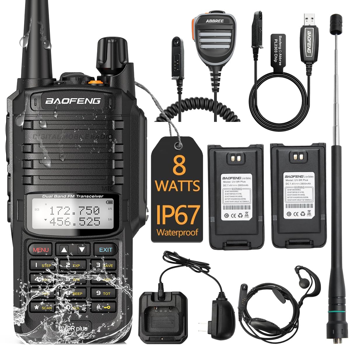 Baofeng UV-9R Plus 8W Power Walkie Talkie IP67 Waterproof UHF/VHF Dual Band Two Way Radio with Programming Cable,AR-775 Antenna,AR780 Waterproof micphone,2Pack 2200 mAh Battery etc Full Kits