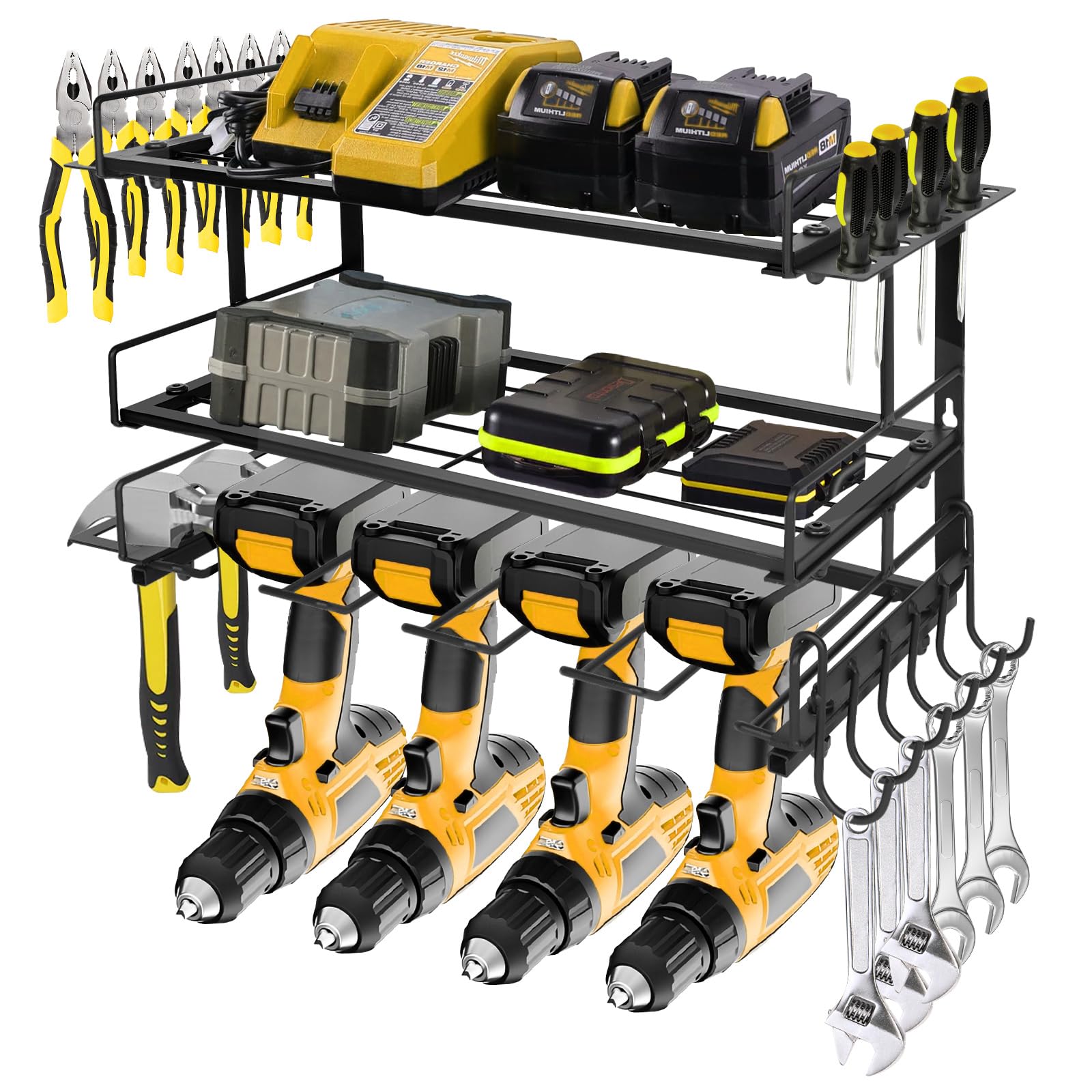 BNNMKL Power Tool Organizer Wall Mount, 3 Layers Cordless Drill Storage Rack, Super Large Storage Rack for Power Tool Drill, Screwdriver and Drill Holder Battery Rack or 4 Drill Holders