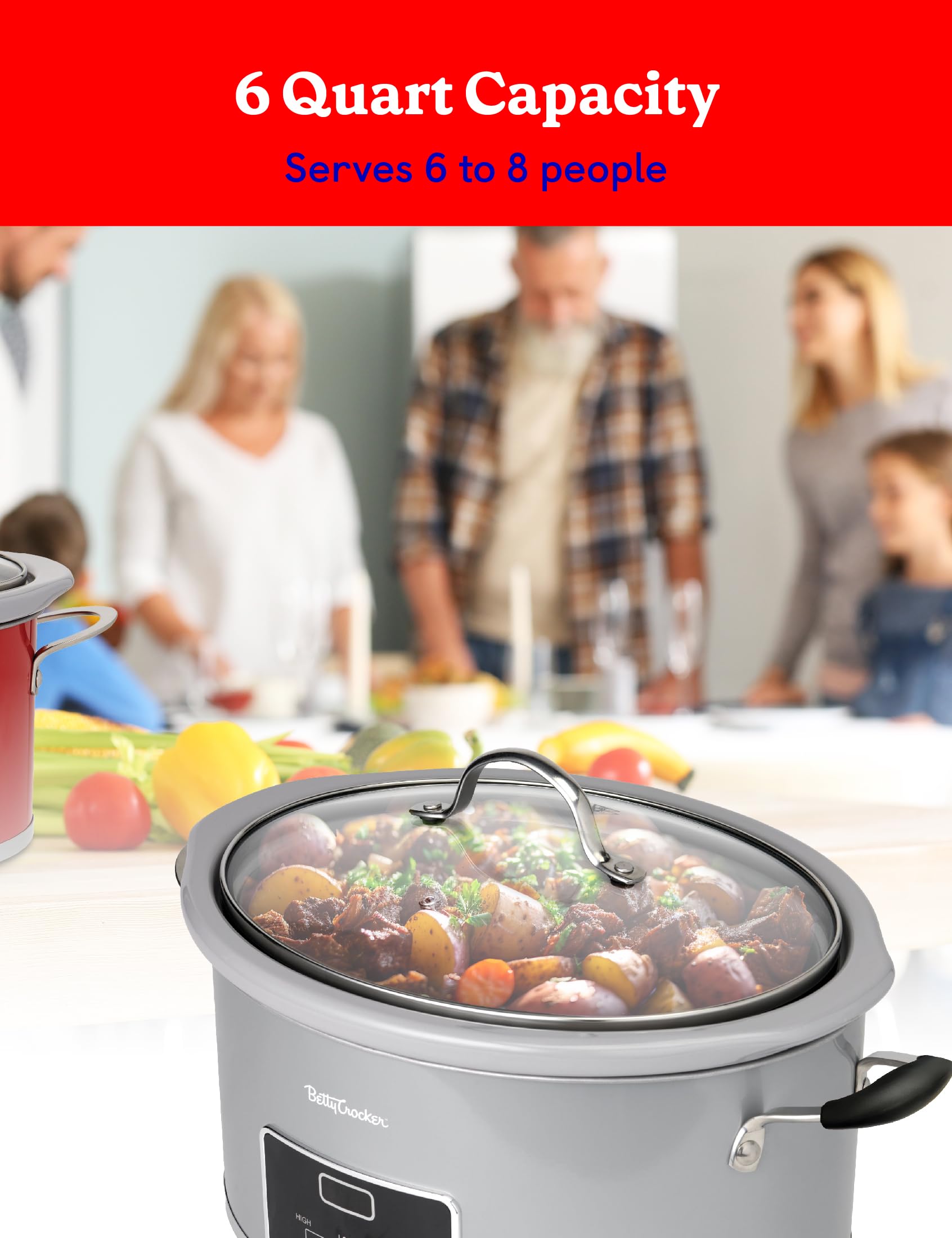 Betty Crocker 6-Quart Oval Digital Slow Cooker, Programmable Crock Pot Up to 20 Hours, Electric Cooking Pot with LCD Digital Display, Removable Stoneware Crock Liner, Betty Crocker Cookbook,Silver