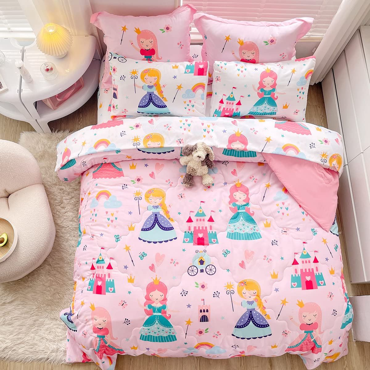 Wajade Kids Pink Princess Comforter Set Bed in A Bag Full Size 7 Piece Princess Fairy Tales Castle Bedding Set for Girl (1 Comforter, 1 Flat Sheet, 1 Fitted Sheet, 2 Pillowcase and 2 Pillow Sham)