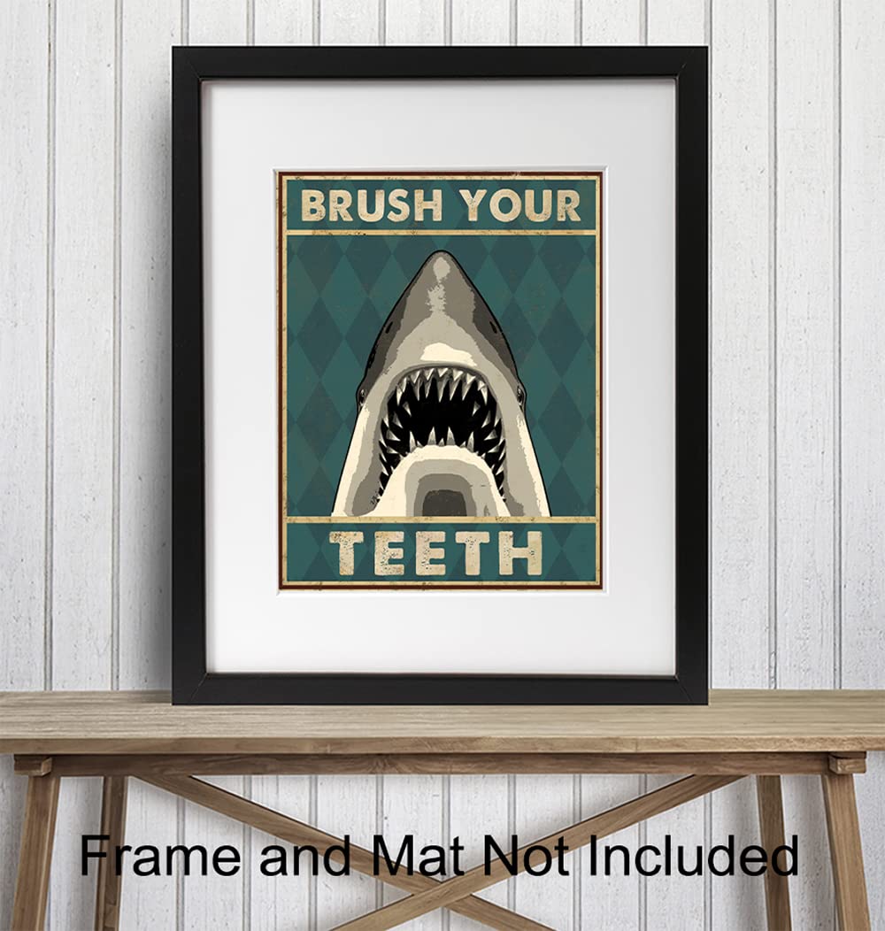 Boys Bathroom Wall Art & Decor - Brush Your Teeth Kids Bathroom Decor - Beach Bathroom Decor - Funny Shark Bathroom Decor - Bath Wall Decor - Unique Restroom Sign - Bathroom Pictures Poster Prints