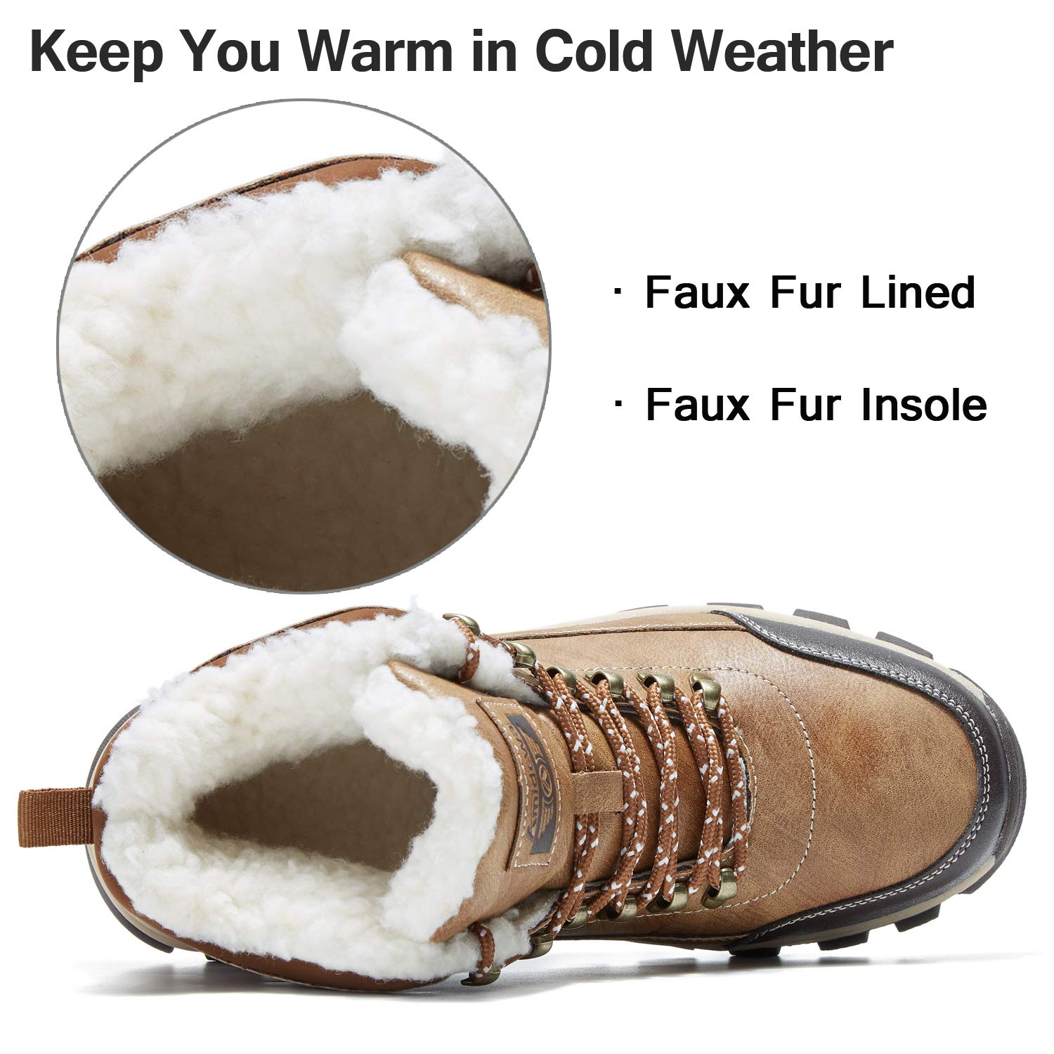 AMIDEWA Men’s Snow Ankle Boots Fur Lined Warm Anti-slip Outdoor Work Shoes for Cold Weather Hiking Camping Backpacking - BROWN - 8