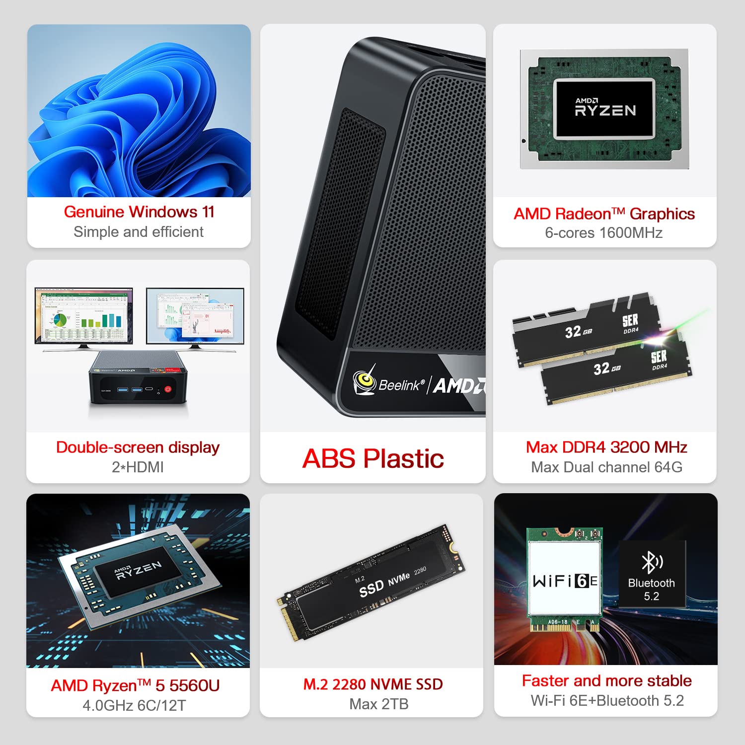 Beelink Mini PC W11 Pro,AMD Ryzen 5 5560U(up to 4 GHz),Mini Computer 16GB DDR4 RAM/500GB M.2 2280 NVME SSD WiFi/BT5.2/HDMI+Type-C,Support 2.5 Inch HDD