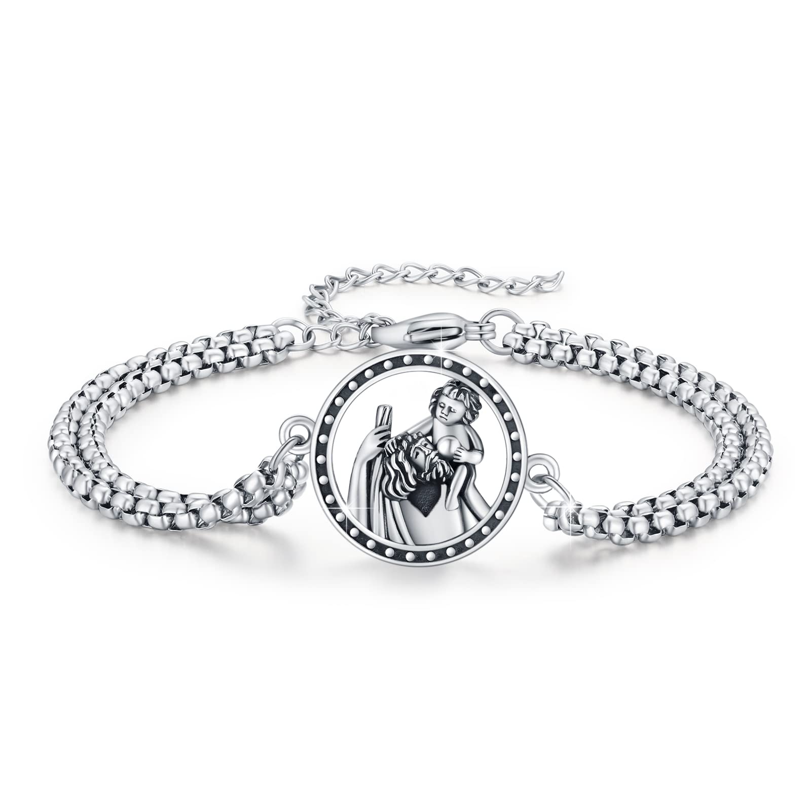 Aututer Saint Christopher Bracelet S925 Sterling Silver Round St Christopher Medal Bracelet Unisex Jewelry