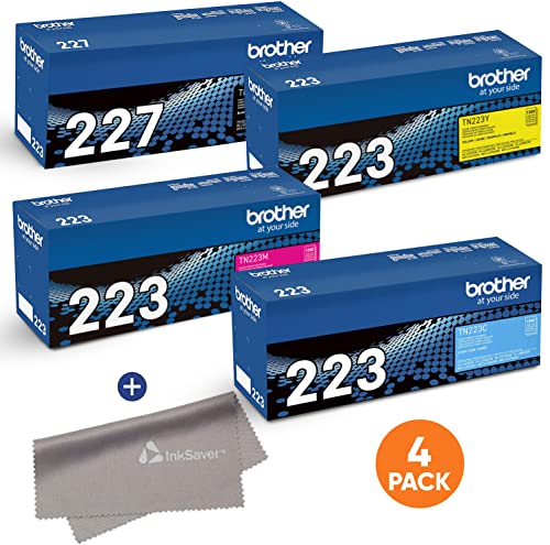 Brother TN227BK High Yield Black with Standard Yield Color TN223C, TN223M, TN223Y Cyan, Magenta and Yellow Toner Cartridge Set + InkSaver Microfiber LCD Screen Cleaning Cloth