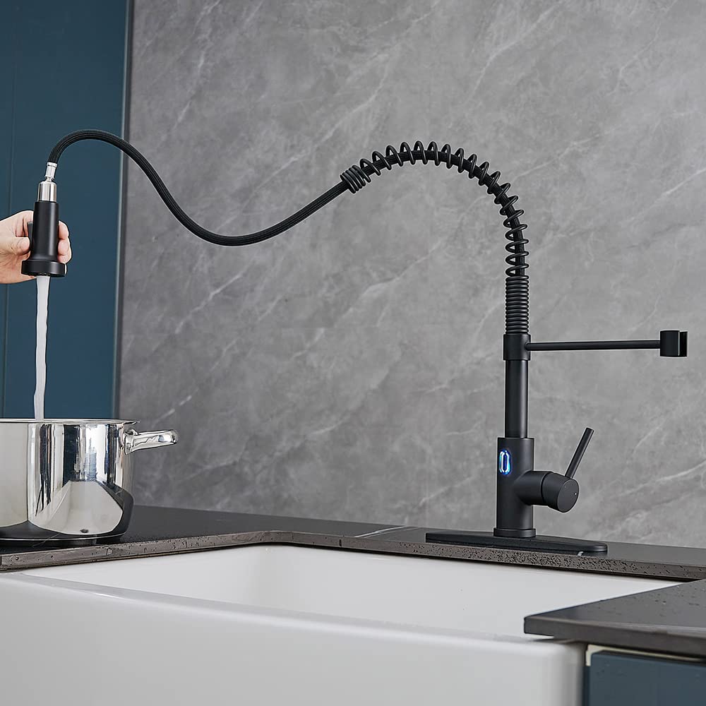 Black Touchless Kitchen Faucet with Pull Down Sprayer, WOTOKOL LED Light Smart Hands-Free Single Handle Kitchen Sink Faucet Motion Sensor Stainless Steel