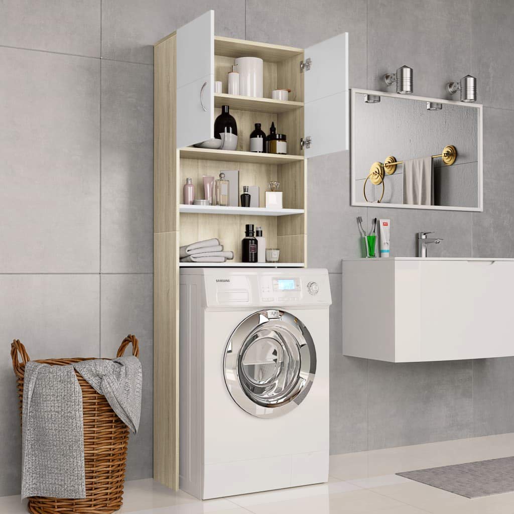 FAMIROSA Washing Machine Shelf, Washer Dryer Storage Shelf, Toilet Bathroom Cabinet above with 2 doors and 2 open compartments 25.2"x10"x74.8"White and Sonoma Oak