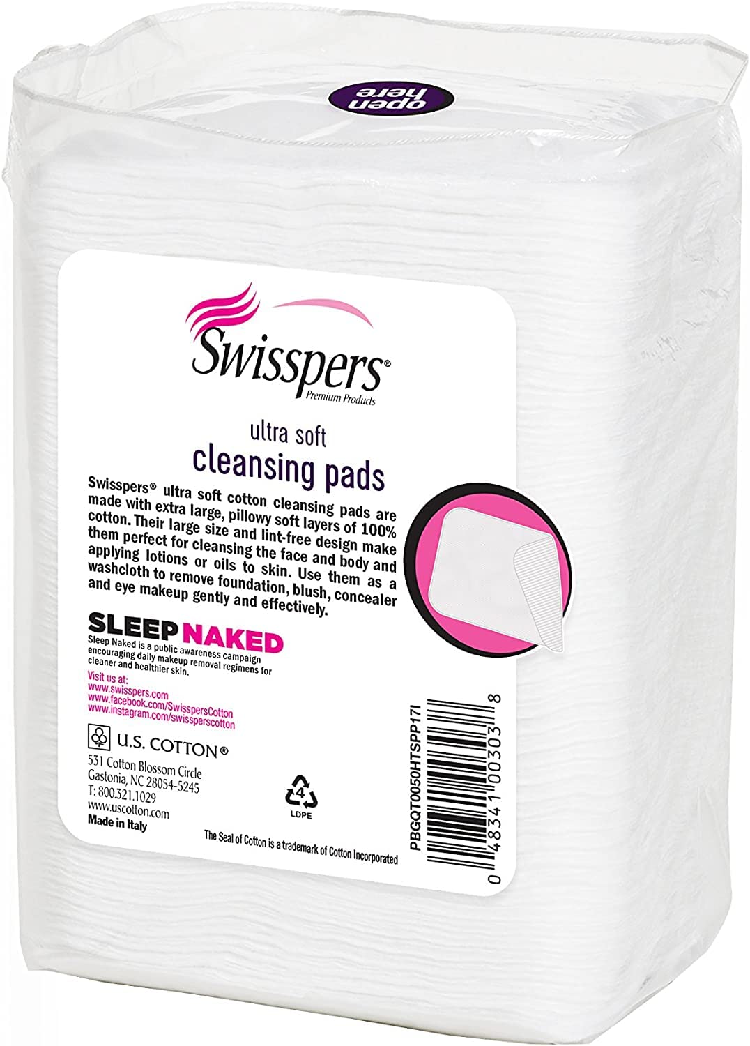 Swisspers Premium Ultra Soft Facial Cleansing Cotton Pads 50 ea (Pack of 4)