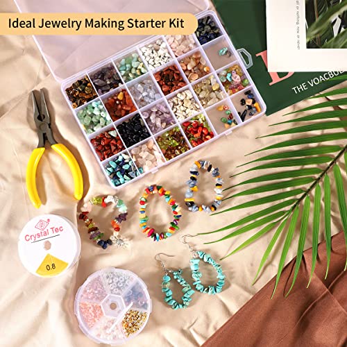 Crystal Beads for Jewelry Making, 2800PCS Natural Crystal Bead Gemstone Chip Beads for Earring Ring Making Kit with Spacer Beads Earring Hooks Pendants Charms Wire String for DIY Bracelets Beading Kit