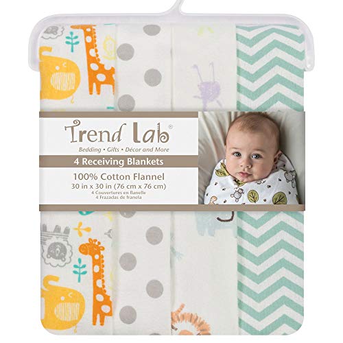 Mint Jungle 4 Pack Flannel Blankets - 4 Deluxe Flannel Blankets, Chevron, Crayon Jungle, Dot, Lullaby Zoo Print, Mint, Yellow, Gray, Orange, 30 in x 30 in