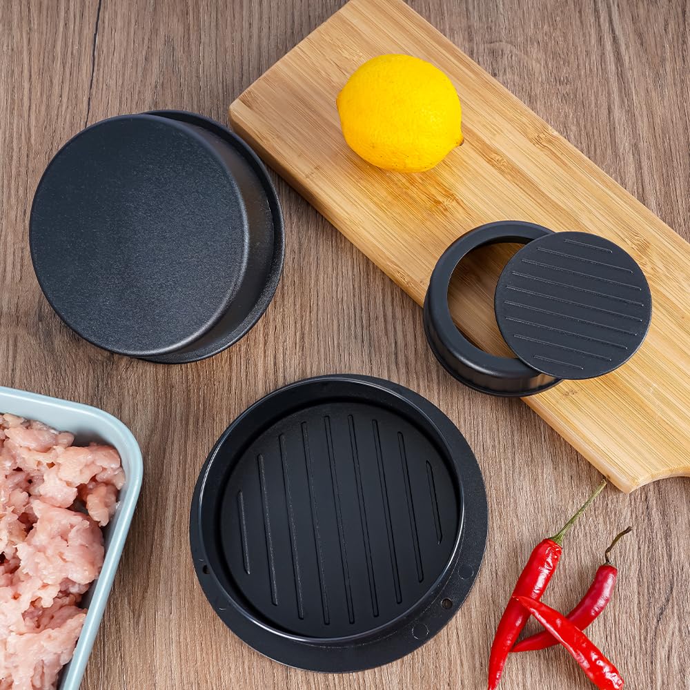 atrccs Burger Meat Press, 3 in 1 Burger Press with Parchment Paper, Multifunctional Grill Press, Burger Meat Mold, Dishwasher-Safe and Non-Stick Patty Maker (Black)