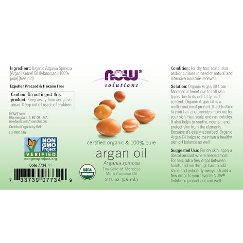 NOW Foods Solutions, Organic Argan Oil, Certified Organic and 100% Pure, "Gold of Morocco" Multi-Purpose Oil, 2-Ounce