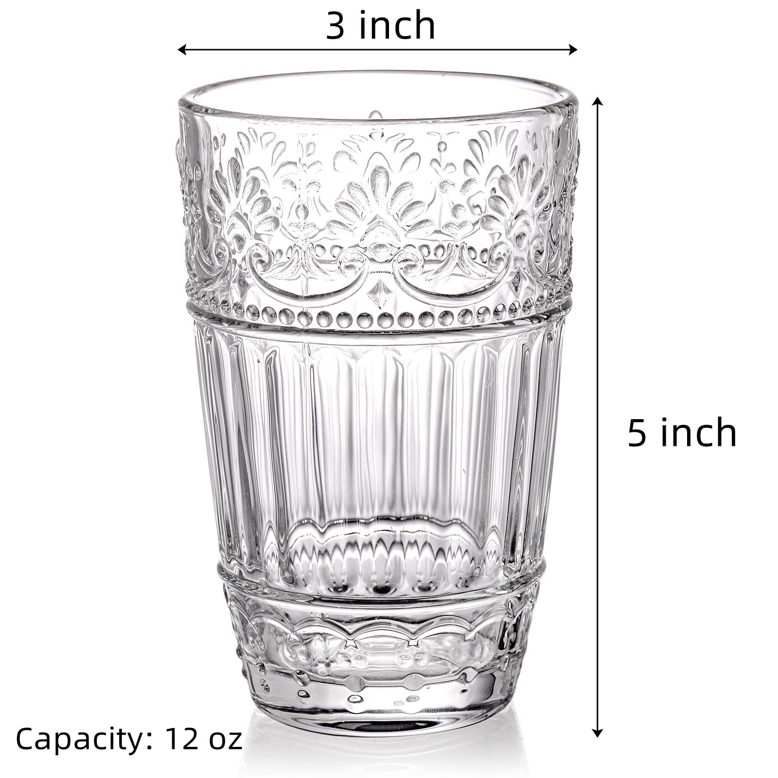 AVLA 6 Pack Romantic Water Glasses, 12 OZ Drinking Glasses Tumblers, Vintage Iced Coffee Glassware Set, Premium Bar Drinkware Cup for Beverages, Tea, Juice, Whiskey, Cocktail, Embossed Design