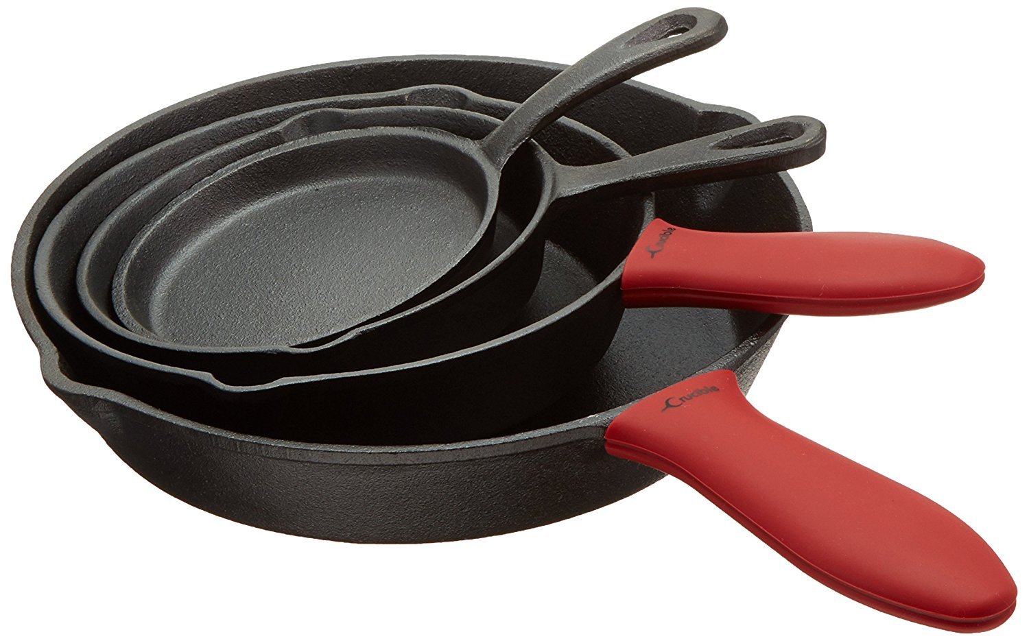 Crucible Cookware Cast Iron Skillets, Set Of 4 (Pre-seasoned) 10 Inch - 5.1 Inch, Including Large & Small Silicone Hot Handle Holders | Indoor & Outdoor Use