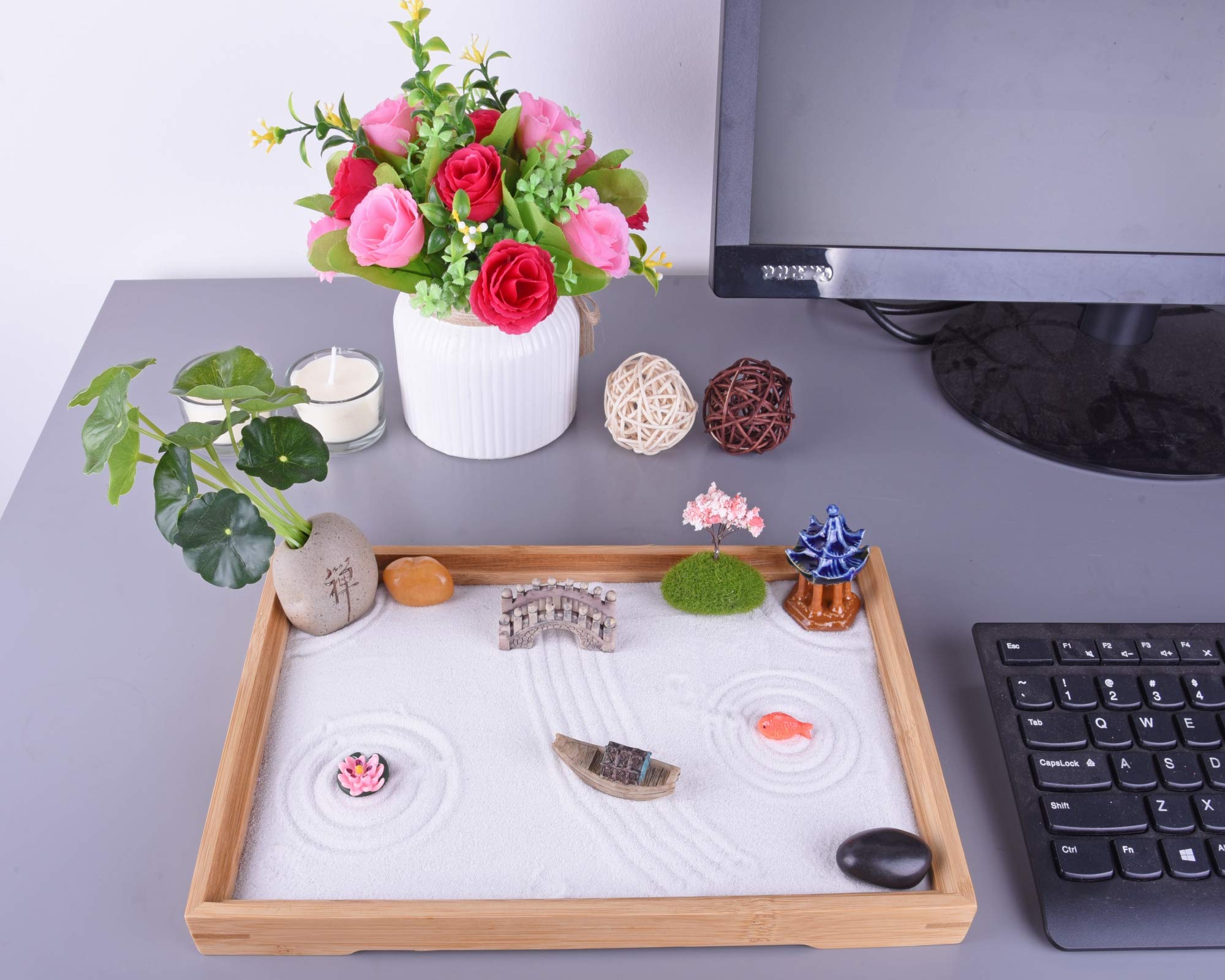 Japanese Zen Garden - Home & Office Desk Mini Garden with Rock Vase Fish Bridge Boat Cherry Trees - Meditation Gift Set for Relaxation - 3 Rake Tools and Zen Accessories (Rectangular)