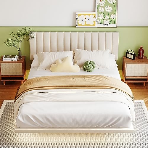 CITYLIGHT Upholstered Floating Bed Frame,Smart LED Bed Frame with Sensor Light and Headboard, Modern Velvet Floating Bed for Girls Boys Teens Adults, Beige