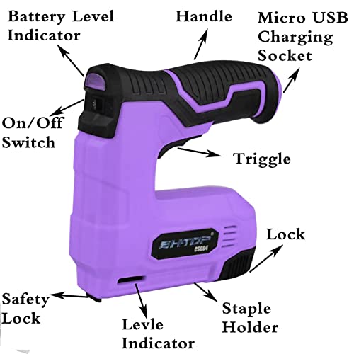 BHTOP Purple Cordless Staple Gun, 4V Power Brad Nailer/Staple Nailer,Electric Staple with Rechargeable USB Charger (Include 1500pcs Staples and 1500pcs Brad Nails)
