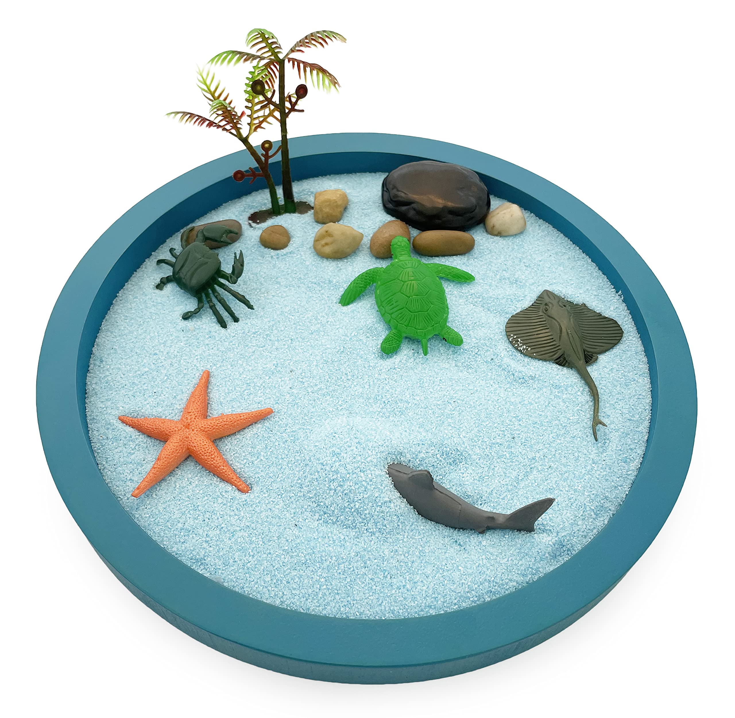 Japanese Zen Garden Mini Kit for Desk - Ocean Beach Theme - Relaxation, Meditation & Mindfulness - Gift for Birthdays, Christmas, Etc. - Includes Rake, Sand, 10+ Accessories! - Tray Diameter 8.5"