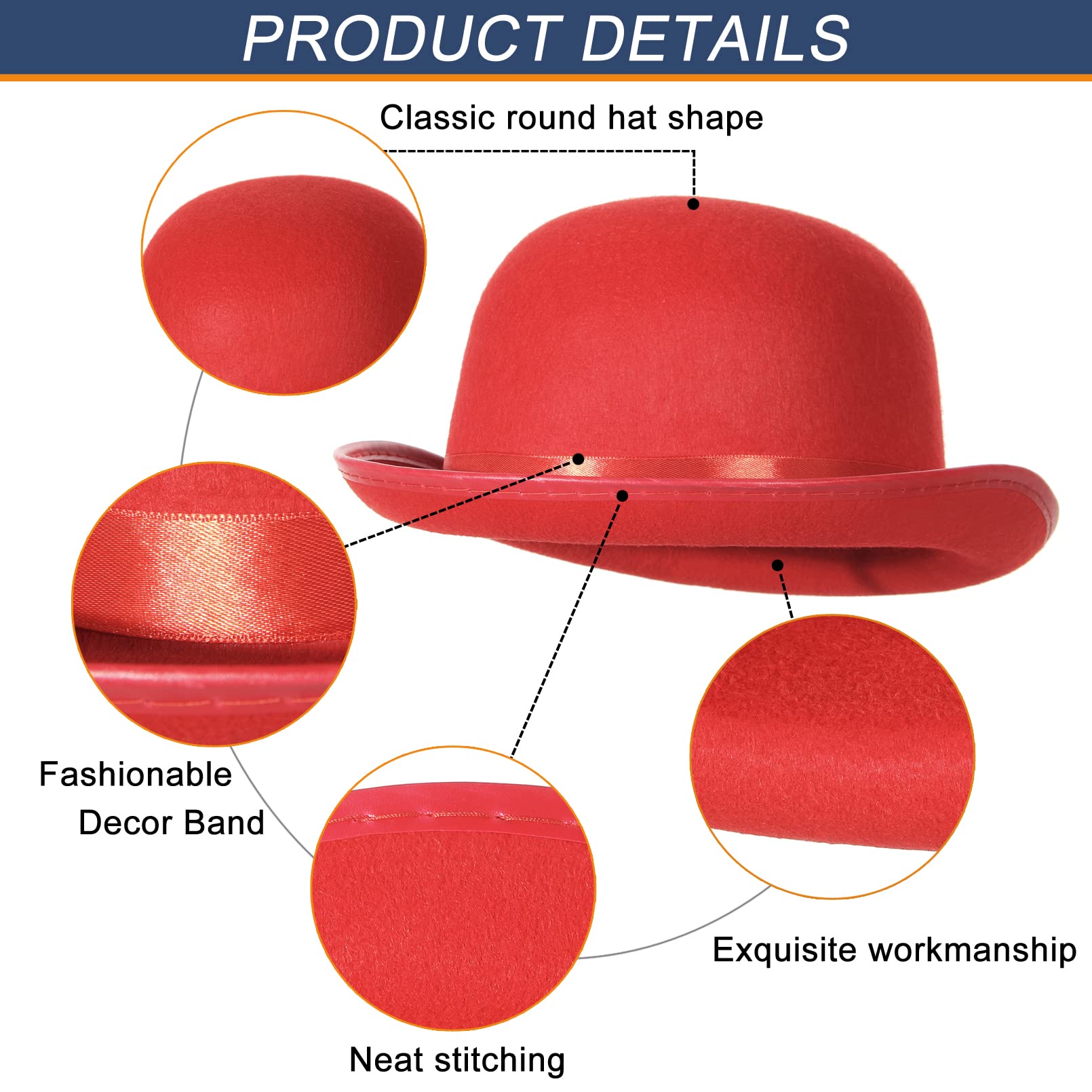 GEMVIE Classic Black Felt Derby Hat Lightweight Bowler Hat Novelty Costume Hat for Party Dress Ups Red