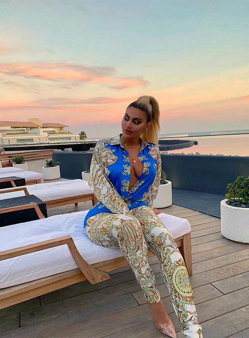 Aro Lora Womens Sexy Deep V Neck Long Sleeve Floral Print Two Piece Jumpsuit Outfit Bodysuit and Pant Set Small Blue