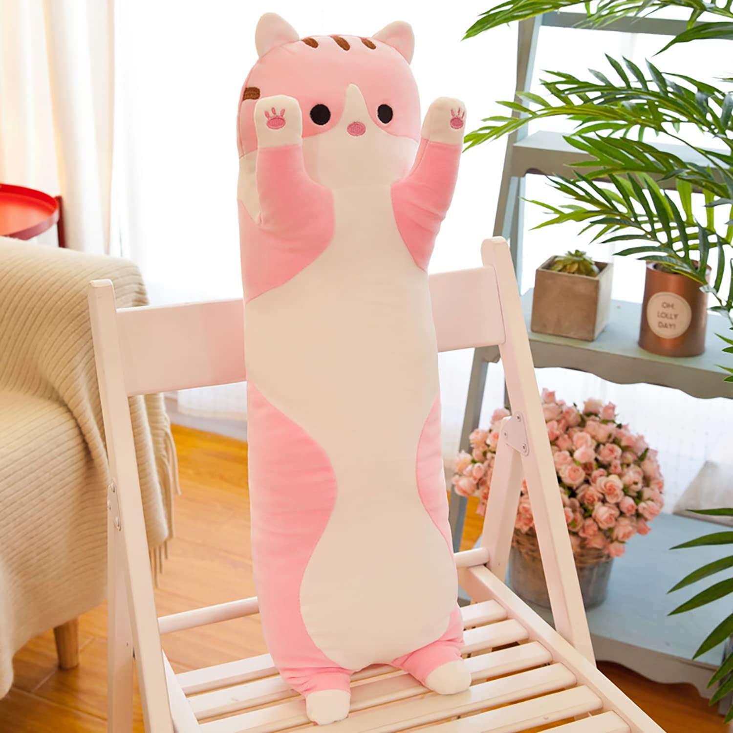 Handytoolinc Soft Cat Plush Pillow Long Stuffed Animals Sleeping Pillow Cotton Kitten Pillow Cute Long Body Pillow Gift for Kids Girlfriend (19.7inch/50cm,Pink)