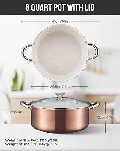 BEZIA 8 Quart Pot with Lid, Nonstick Cooking Pot with Lid, Induction Pasta Pot, Soup Pot, Large Stockpot, Stew Pot, Simmering Pot, Compatible for All Stoves, Golden