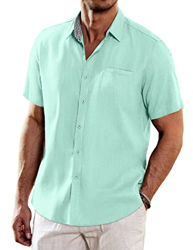 COOFANDY Men's Short Sleeve Linen Shirts Casual Button Down Shirt Summer Beach Tops Green