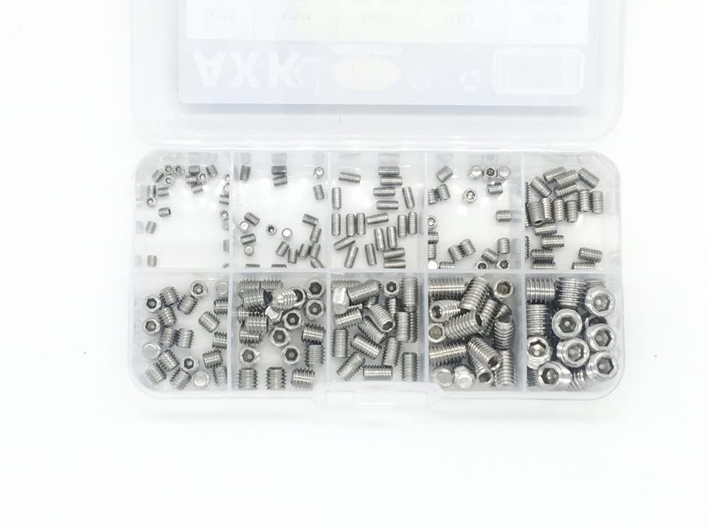 AXK Set Grub Screw M3 M4 M5 M6 M8 Metric Thread Hex Allen Socket Head Cap Screw Bolt Hexagon Hex Drive Cup Point Screw Assortment Kit Set Alloy Steel l Screw (200PCS Stainless Steel)