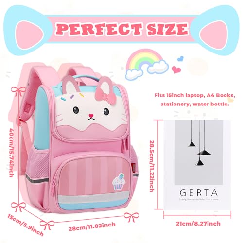 ASKSKY Kids Backpack for Girls, Kawaii Cartoon School Backpack Wide Open Bookbag for 5-10 years old with Reflective Strip, Blue Kitty