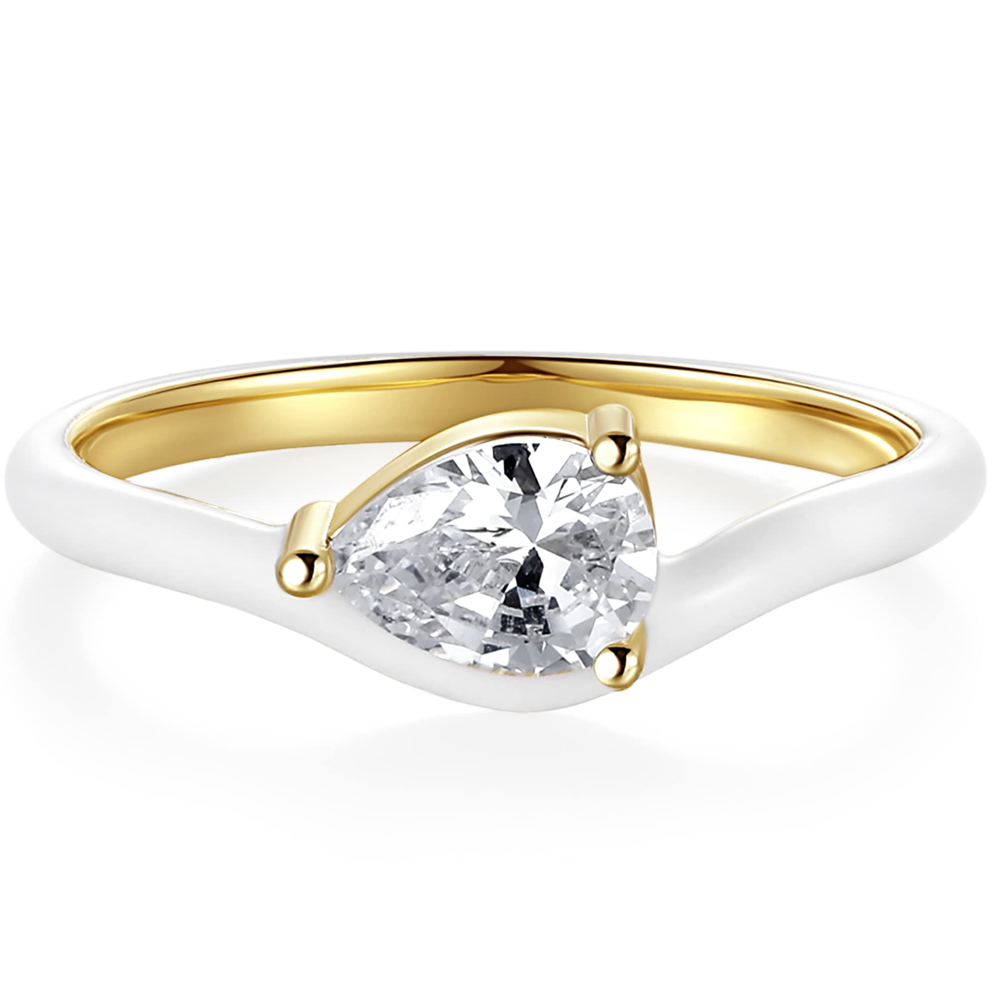 BLOSSOM & HUE White Enamel Ring | Size 8 | East West Pear Shaped Solitaire Cubic Zirconia | 18K Gold Plated .925 Sterling | Colorful Trend Setter