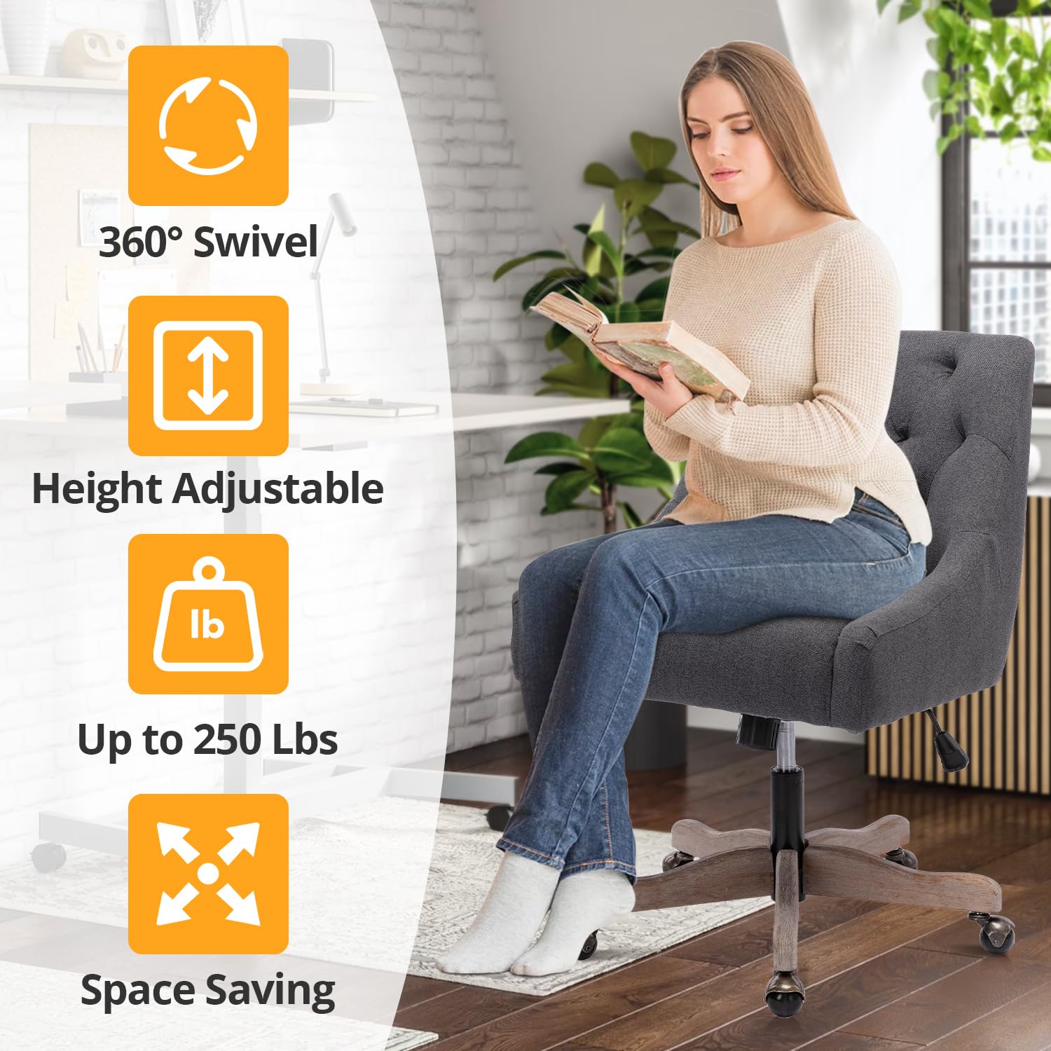 Home Office Chair, Adjustable Upholstered Computer Desk Chair with 360 Degree Swiveling Base, Ergonomic Task Chair Vanity Chair for Office, Living Room, Studying, Charcoal Grey