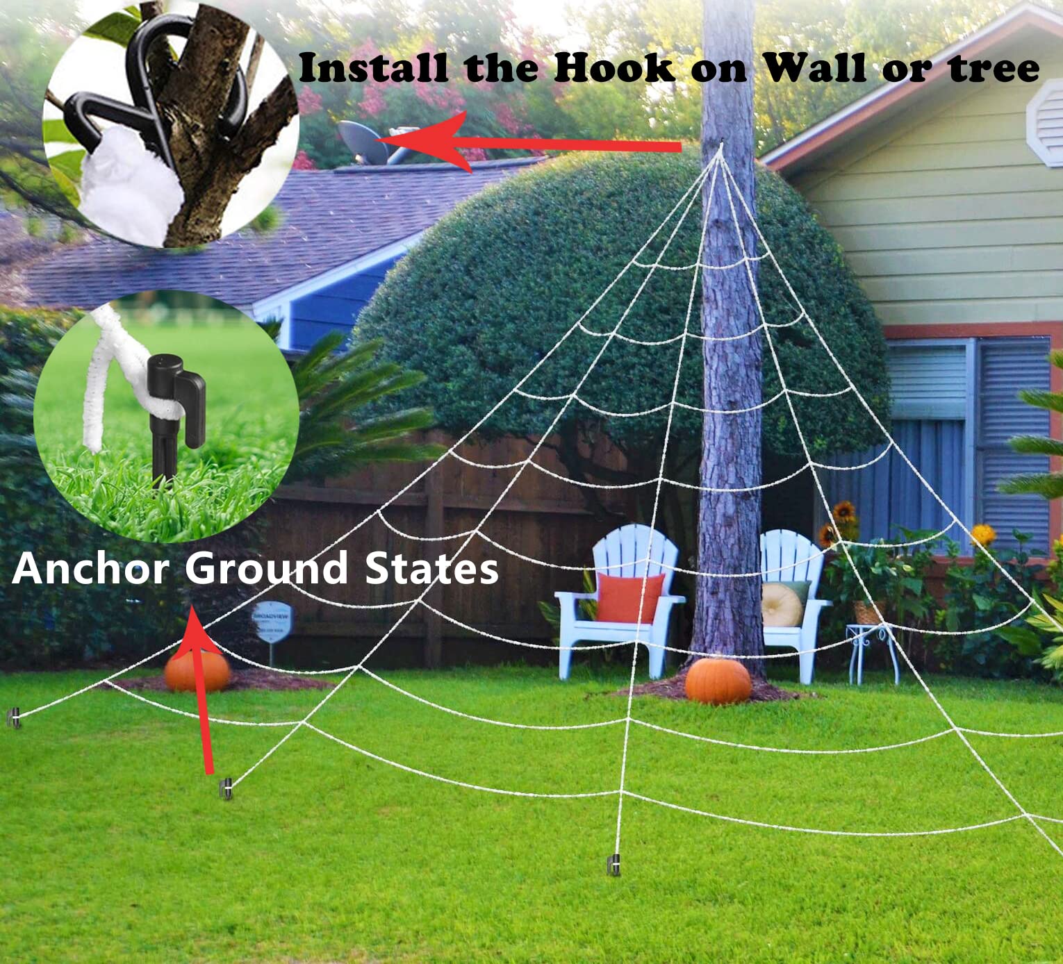 AOGU 200" Halloween Spider Web + 78" Giant Spider Decorations Fake Spider with Triangular Huge Spider Web for Indoor Outdoor Garden Yard Home Party Haunted House Decor
