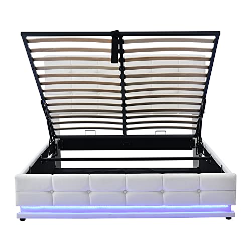 Bellemave Queen Lift Storage Bed with LED Lights and USB Charger, PU Upholstered Queen Platform Bed with Hydraulic Storage System for Kids Teens and Adults, No Box Spring Needed (Queen, White)