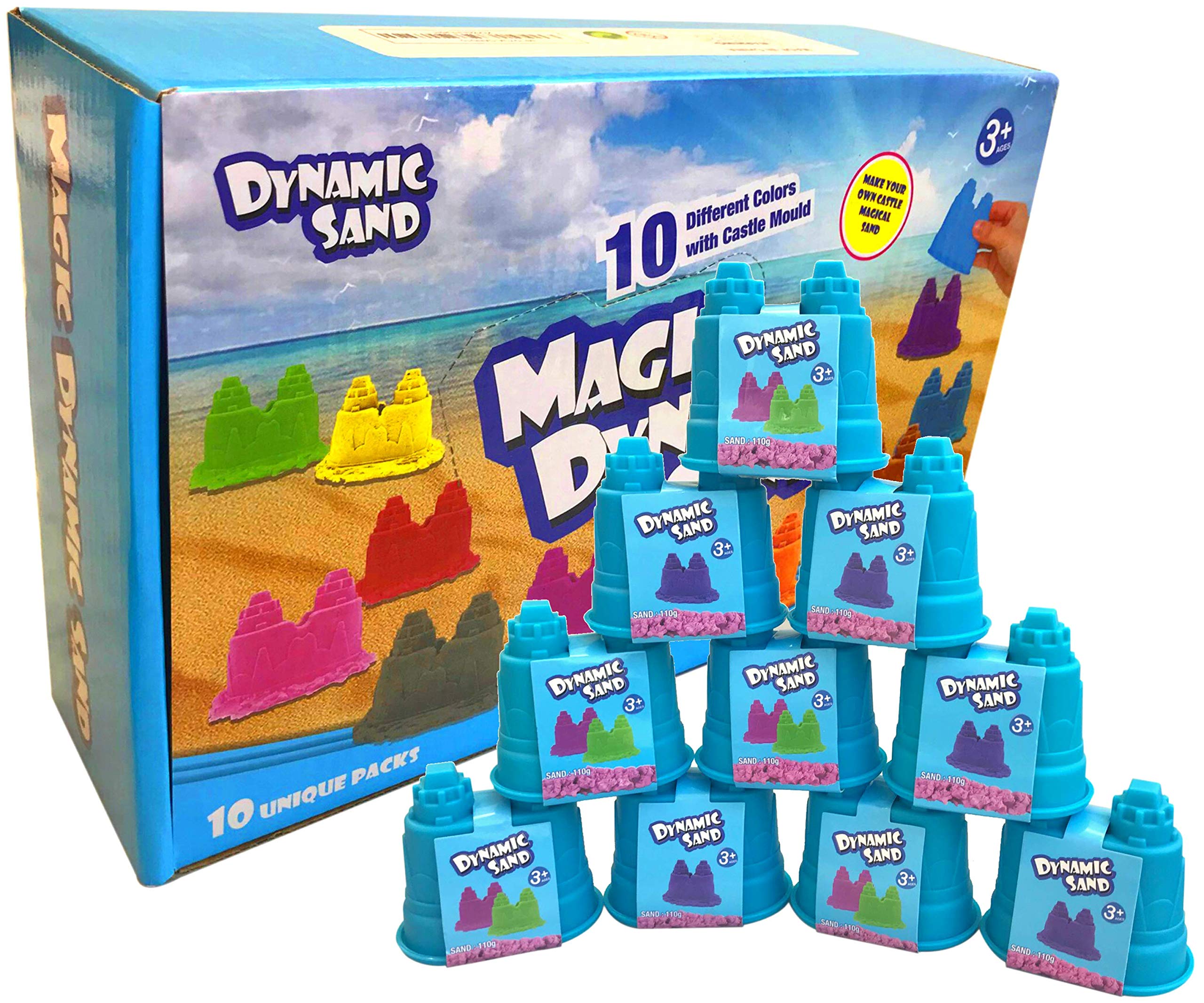 Dynamic Play Sand Art [10 Pack] Arts and Crafts for Kids | Multi Color Combo Kit Play Sand with Castle Molds Containers | Stress Relief Toys for Kids and Adults | Party Favors