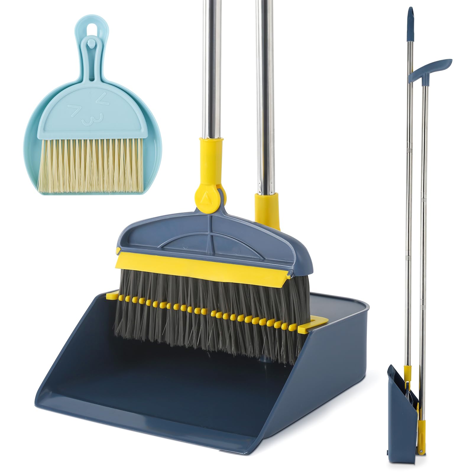 Broom and Dustpan Set,2 in 1 Broom Brush with Dustpan Combo Set, Upright 180°Rotating Broom with Long Handle and Lightwight Dust Pans for Home Kitchen Room Office Lobby Floor Cleaning,Blue