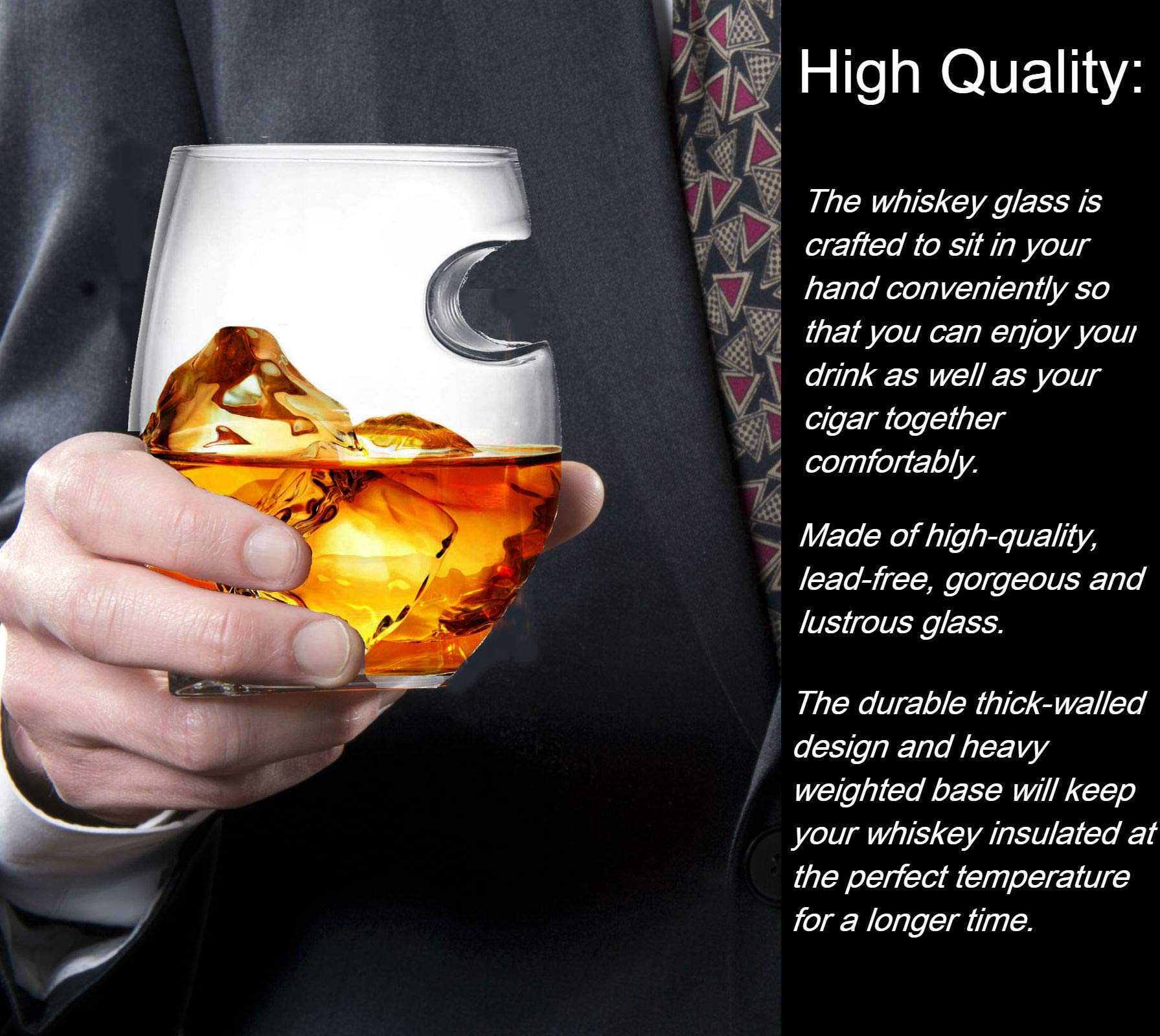 Bezrat Whiskey Cigar Glasses - Pack of 2-10 oz - Double Old Fashioned Round Tumbler With Side Mounted Cigar Holder Rest - Whiskey Glasses Christmas Gift (2 Pack)