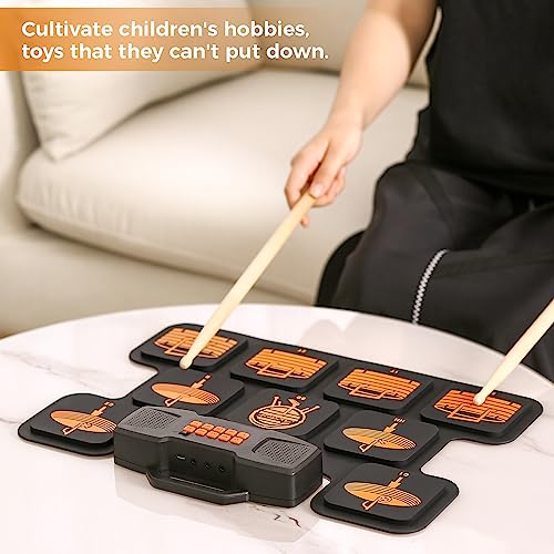 Asmuse Electronic Drum Set, Portable Digital Roll-Up Drum Practice Pad,2000mAh Rechargeable 9 Pads 2 Pedals with Built-in Dual Speakers Christmas& Birthday Gift