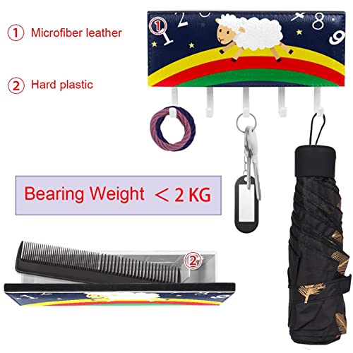 Bed Time Sheep Rainbow Night Mail Holder Organizer and Key Hooks PU Front, Self Adhesive Key Rack with 5 Hooks Perfect for Entryway, Hallway,Bathroom ,Kitchen