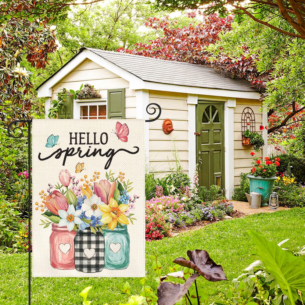 AVOIN colorlife Hello Spring Garden Flag 12x18 Inch Double Sided Outside, Floral Mason Jar Holiday Yard Outdoor Flag