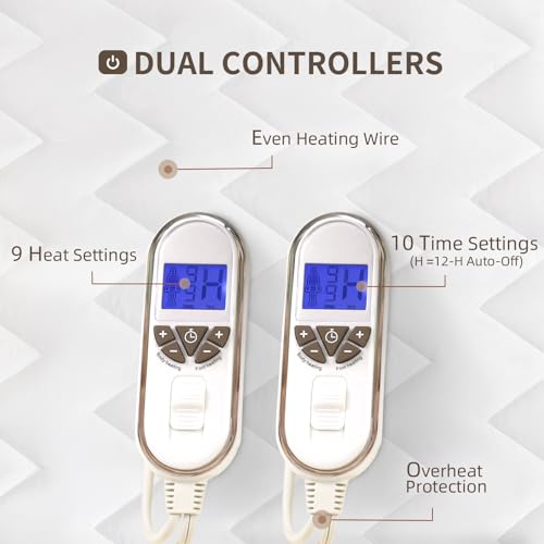 Bwarm Premium Multi-Zone Electric Heated Mattress Pad King Size, 78" x 80", Dual Controllers, 9 Heat Settings, 1-12 Hours Auto Off, Individual Body and Feet Settings, Machine Washable