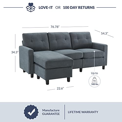 BELLEZE 3 Piece Convertible Sectional Sofa, Upholstered Fabric L Shaped Couch with Modular Chaise Lounge for Dorm Rooms, Apartments, Small Spaces - Altera (Dark Gray)